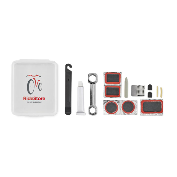 Bike Repair Kit in a branded transparent box containing 1 wrench, 2 ...